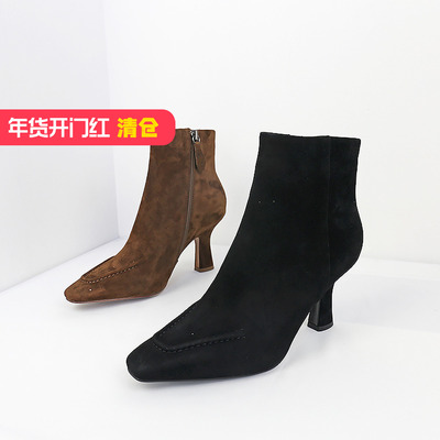 可媚小方头羊猄侧拉链细高跟短靴