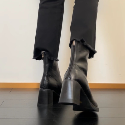 34-42码！羊皮~高跟短靴女新款方头粗跟瘦瘦靴通勤英伦风弹力靴