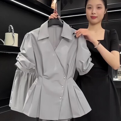 时尚慵懒风灰色POLO领短袖衬衫女夏季新款超好看气质休闲百搭上衣