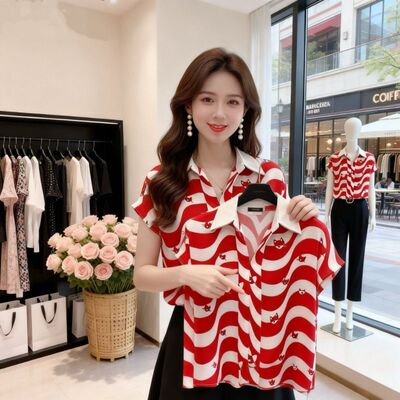 雪纺女短袖2026夏季条纹新款宽松气质衬衫时尚洋气透气小衫上衣潮
