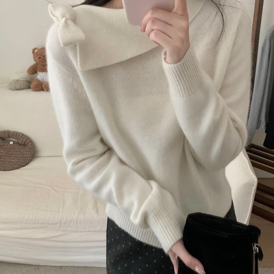 TOMORROW-约会款俏皮气质韩系翻领蝴蝶结套头保暖毛衣