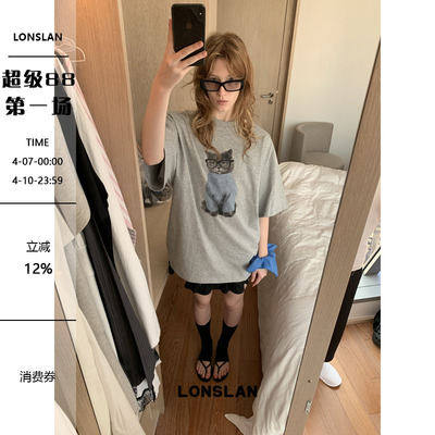 LONSLAN25SUMMER 可爱大件慵懒猫咪短袖T