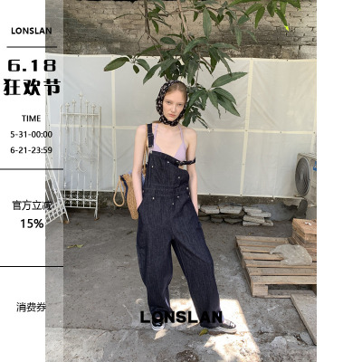 LONSLAN 2026春夏新品小众设计松弛感深蓝色背袋连体裤
