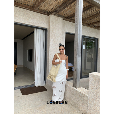 LONSLAN 26SUMMER针织钩花镂空花朵抹胸绑带连衣裙