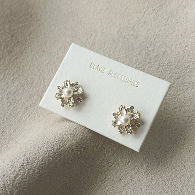 日系独家精致立体花人造珍珠水钻小巧简约树脂u型无耳洞耳钉耳夹