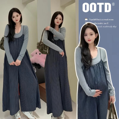 孕妇条纹背带阔退裤女夏季新款