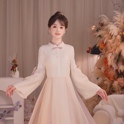 瑶西棠梨杏粉国风改良汉服连衣裙