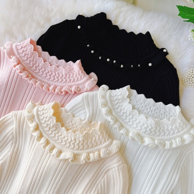 女童毛衣打底衫2025秋款新款珍珠领长袖毛衣洋派宝宝纯色针织衫