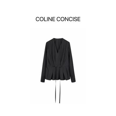 COLINE CONCISE 春秋丝羊毛精纺衬衣女V领收腰打褶衬衫26SS