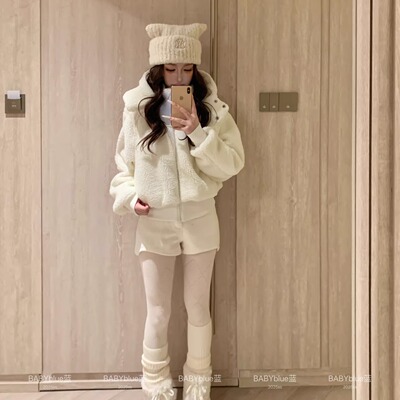 羊羔毛连帽保暖气质立领短外套