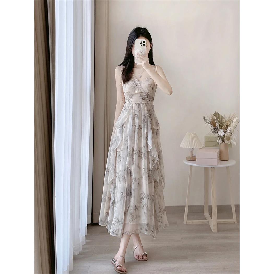 水墨画碎花吊带连衣裙女夏2026新款高级感小个子雪纺长裙两件套装