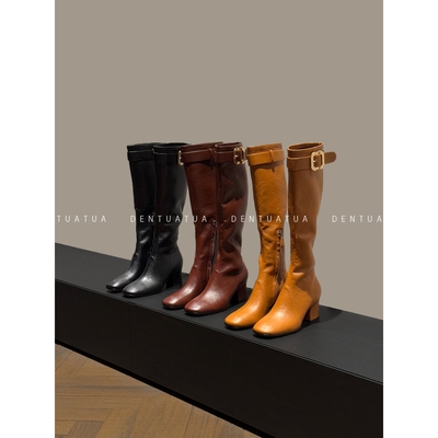 DENTUATUA 现代机能的隐秘革新！25FW 皮带扣侧拉链粗跟长筒靴 女