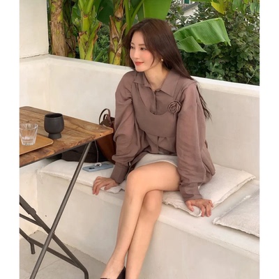 秒发！韩国2026春季新款FO*NUA郑素敏同款玫瑰花朵背心长袖衬衫女