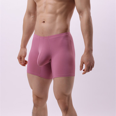 跨境男士运动内裤加长冰丝网眼性感透气平角内裤跑步防磨腿长裤头