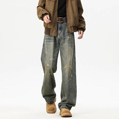 潮标蒂美式复古牛仔裤男直筒宽松