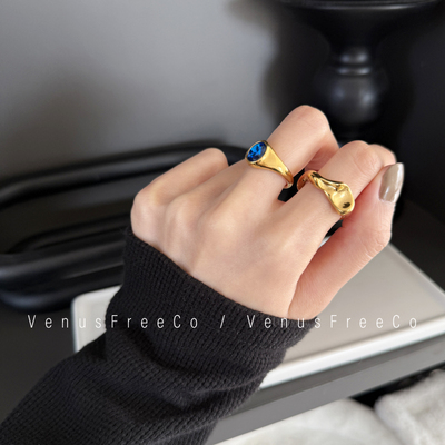 法式18k镀金异形扭扭加厚戒指质感深蓝宝石椭圆戒指单叠戴欧美ins