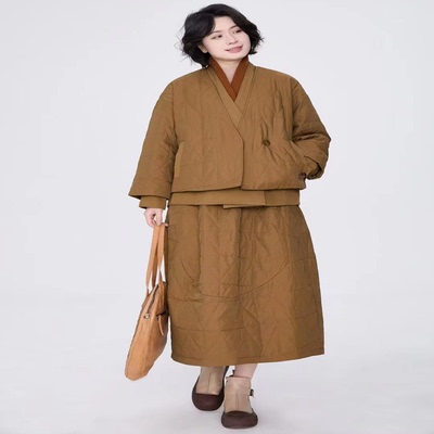 翠色嘉人2025冬季新款时尚百搭切格棉连帽中长款棉服外套女85038