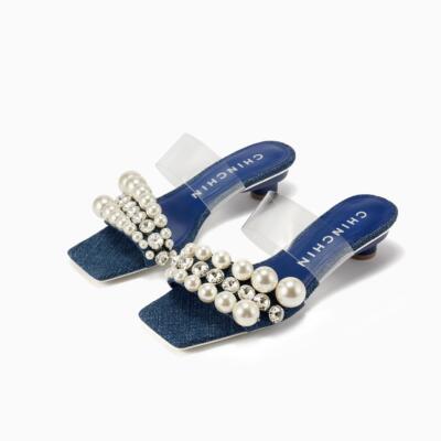 CHINCHIN官方原创设计师鞋履｜方头羊皮珍珠钻饰凉拖鞋