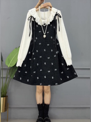 秋冬大码女装蝴蝶结假两件连衣裙女宽松显瘦洋气减龄裙子内搭外穿