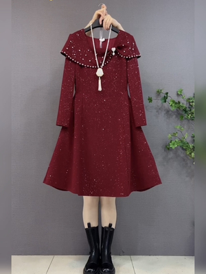 秋冬大码重工钉珠法式连衣裙高腰遮肉显瘦内搭裙子气质减龄洋气潮