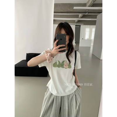 奶思家NICE STUDIO-秋上新ins同款雪梨印花正肩短袖T恤w65008