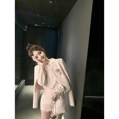 若语定制 娇养千金D家花边编织小香外套气质名媛秋冬新款短裤套装