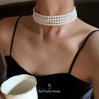 红口袋 法式复古vintage多层三排珍珠项链短款choker颈链礼服摄影