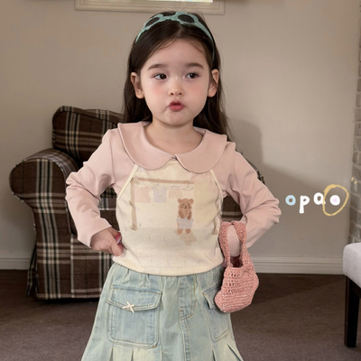 Opao 7099女童2026春款粉色娃娃领卡通印花长袖T恤