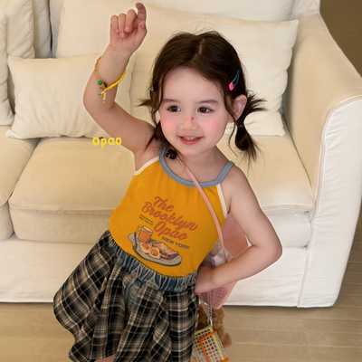 Opao•26夏~女童黄色吊带背心6722 格子拼接牛仔短裤8036