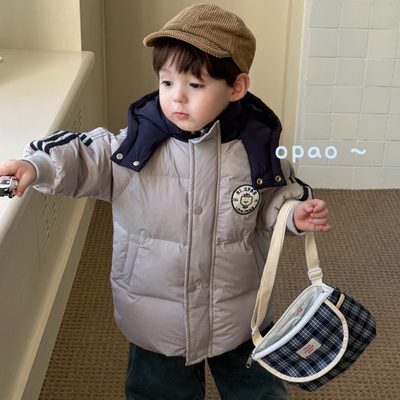 Opao 8611冬款男童蓝色连帽中长款羽绒服