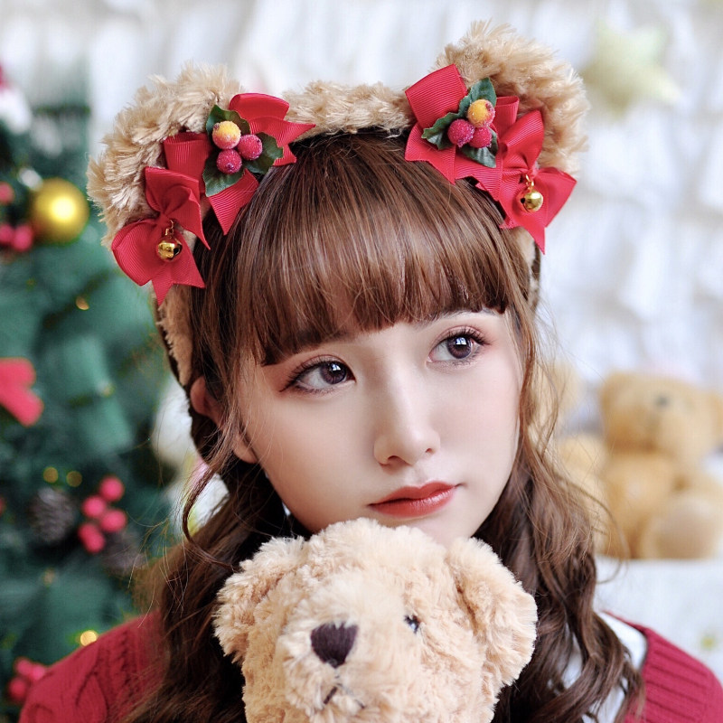 本守造原创手工小熊熊耳发箍圣诞节JK lolita红色蝴蝶结