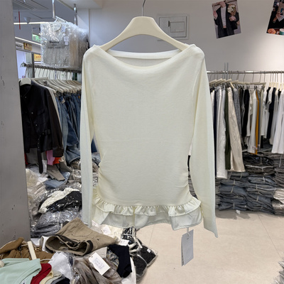 DTU55501正品春季韩版下摆拼接荷叶边设计一字领露肩冰丝针织衫女