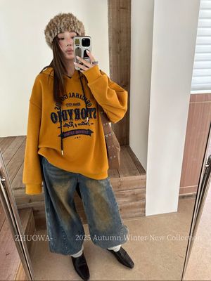 卓娃2025冬季宽松休闲百搭显瘦美式复古加绒字母连帽宽松卫衣5539