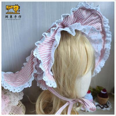 珥东手作Lolita兔耳bb帽发帽甜美粉色条纹可爱帽子lo娘发饰头饰