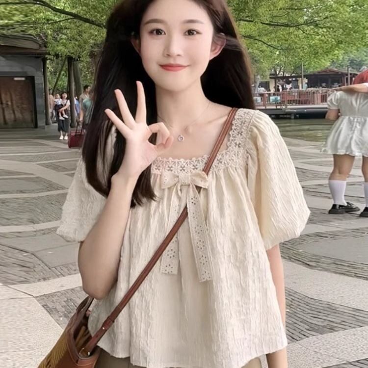 小个子法式蕾丝雪纺衫女夏季感显瘦泡泡袖短款上衣小众设计感