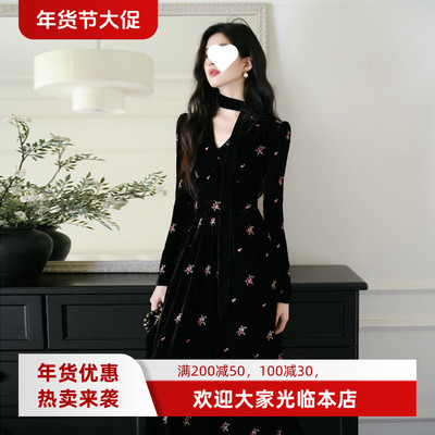 秋冬法式复古黑色丝绒连衣裙气质名媛女神范长裙子