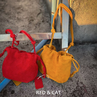 高定新款反绒头层牛皮单肩斜挎抽绳小容量麂皮福袋水桶手机包