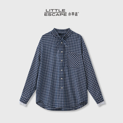 小乖逃时尚藏蓝格子衬衫高领单口袋飘带花边袖宽松显瘦款S26080