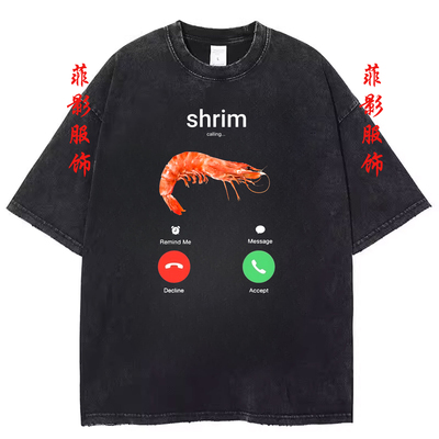 欧美Shrim Calling Remind Me复古水洗黑做旧短袖t恤男女嘻哈上衣