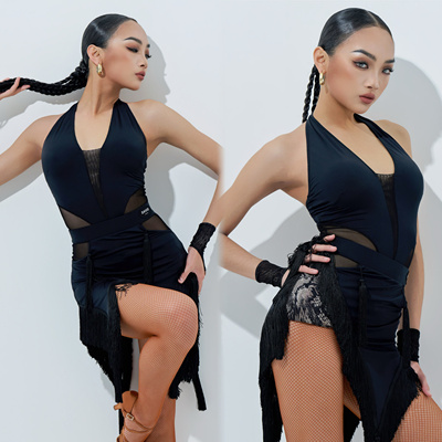 David舞服拉丁舞女士春夏挂脖豹纹流苏专业练习服跳舞演出
