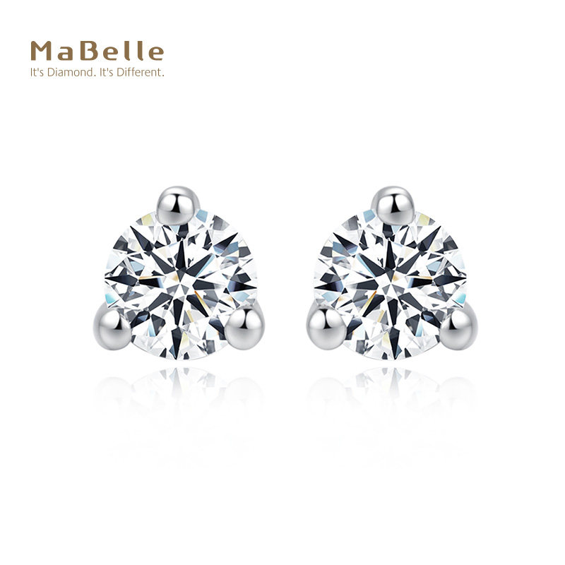 MaBelle/玛贝尔18K白金单排钻圈式钻石耳钉经典通勤款_虎窝淘