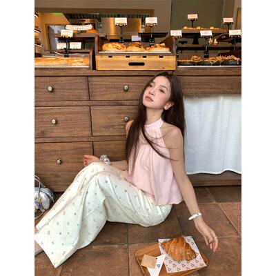 春夏韩版度假网红ins纯欲清新高腰蝴蝶结小熊阔腿长裤显腿长女潮