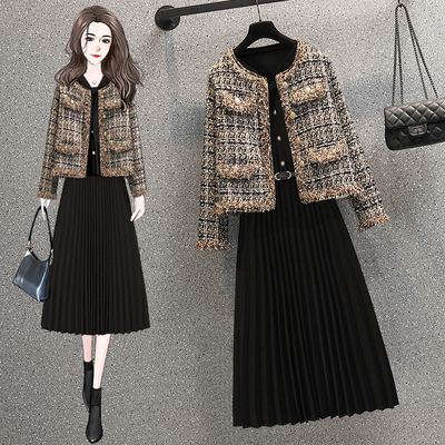 大码时尚秋冬套装女新款胖妹妹减龄气质毛呢外套百褶连衣裙两件套
