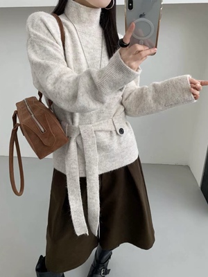 韩系复古慵懒风高级气质绑带设计宽松显瘦保暖百搭高领套头毛衣女