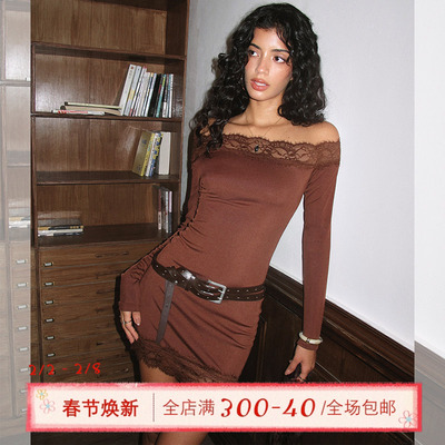 ITSNIKAR 蕾丝拼接露肩长袖连衣裙女秋斜肩性感包臀裙针织短裙子