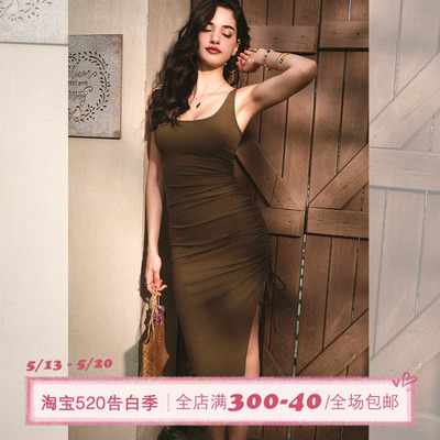ITSNIKAR经典方领针织吊带连衣裙女春夏性感开衩包臀裙修身长裙子