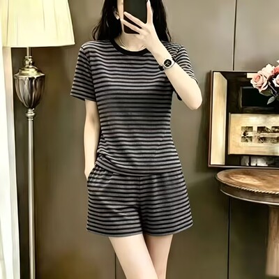 夏季女大码条纹宽松运动居家套装