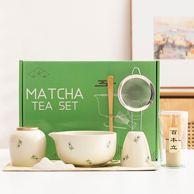 日式抹茶工具套装手绘