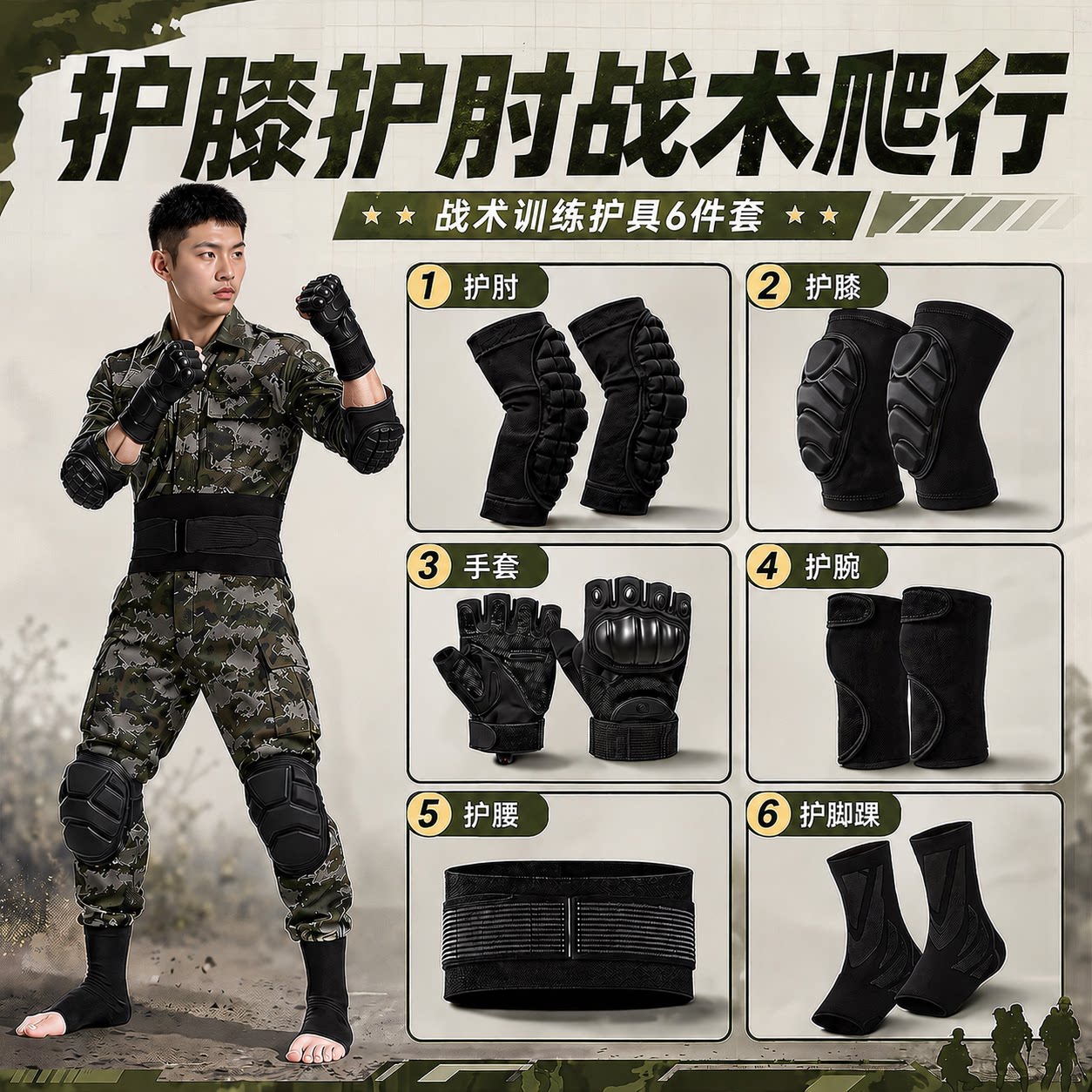 护膝护肘战术爬行役前训练必备用品当兵护腕军训护具套装四件套