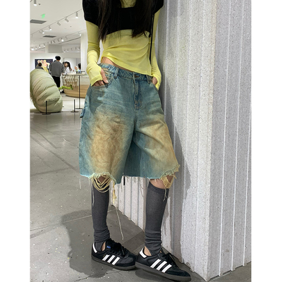 夏季泥染工艺重工水洗牛仔短裤女